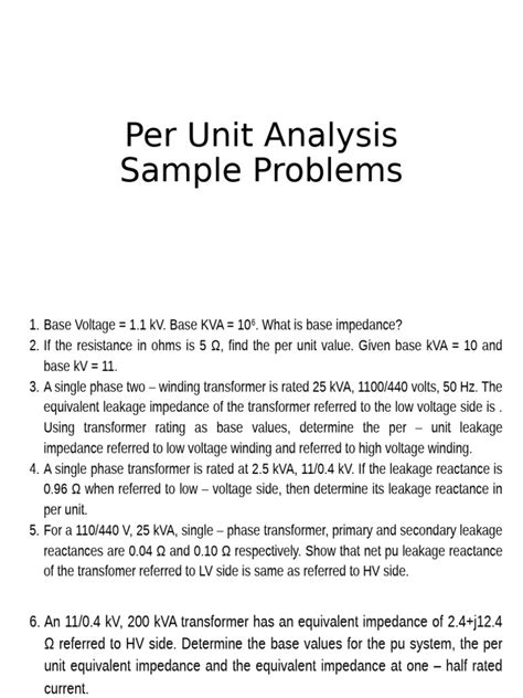 Per Unit Analysis Sample Problems Pdf Transformer Electrical