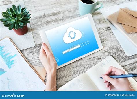 Cloud Synchronization Progress Bar On Tablet Screen Data Storage And Protection Technology And