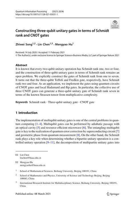 Pdf Constructing Three Qubit Unitary Gates In Terms Of Schmidt Rank And Cnot Gates