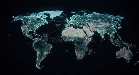 Digital Global Network Of Illuminated World Map With Data Points Stock