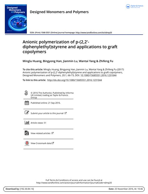 Pdf Anionic Polymerization Of P 2 2′ Diphenylethyl Styrene And Applications To Graft Copolymers