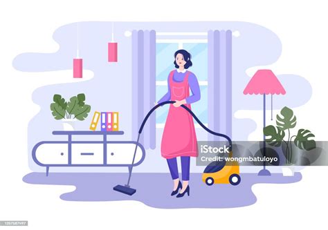 청소 서비스 평면 디자인 일러스트 사람들은 진공 청소기 배경 배너 또는 포스터에 대한 집에서 먼지와 청소 바닥을 닦아 가사 집안일에 대한 스톡 벡터 아트 및 기타 이미지