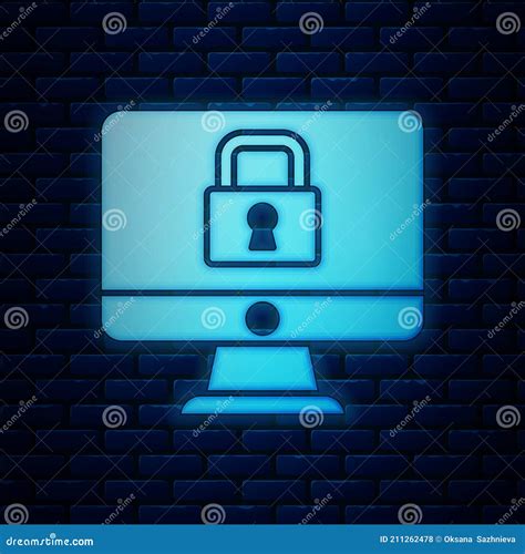 Glowing Neon Lock On Computer Monitor Screen Icon Isolated On Brick Wall Background Security