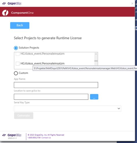 GUI Of Create Runtime License Form WinForms Edition ComponentOne
