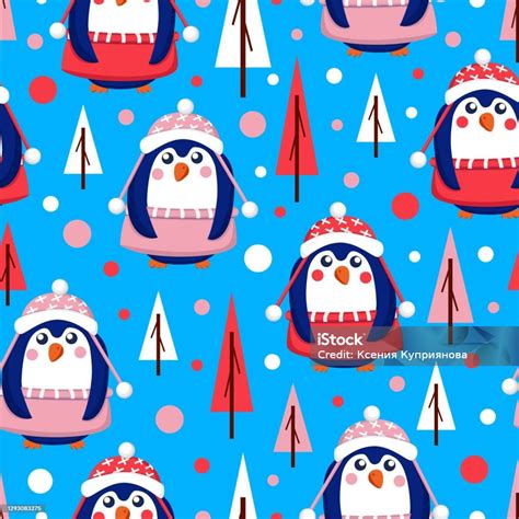 분홍색 빨간색과 흰색 스웨터 모자와 스커트를 입고 파란색 아기 펭귄과 원활한 패턴 파란색 배경입니다 전나무 나무 즐거운 성탄절 벽지 직물 스크랩북 및 포장지 0명에 대한