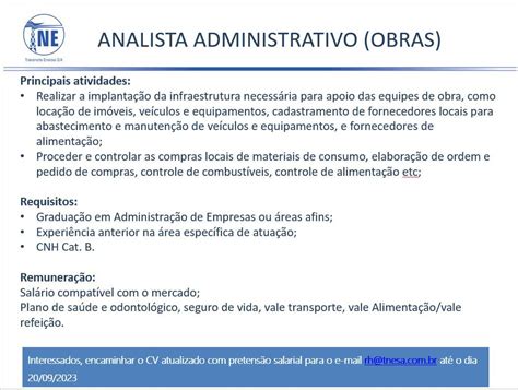 Empresa Seleciona Para Vaga De Analista Administrativo Obras Envie Seu