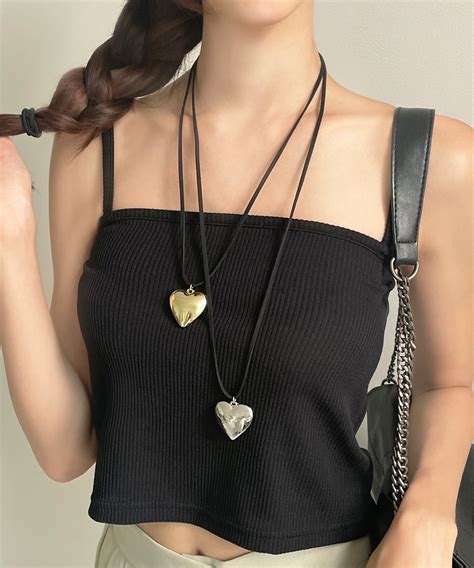 퍼피띵 유기견 후원 롱 볼드 통통 하트 펜던트 블랙 끈 목걸이