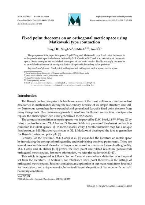 Pdf Fixed Point Theorems On An Orthogonal Metric Space Using Matkowski Type Contraction