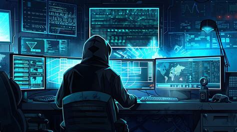 Dark Room With Hacker In Hoodie Coding On Multiple Screens Displaying