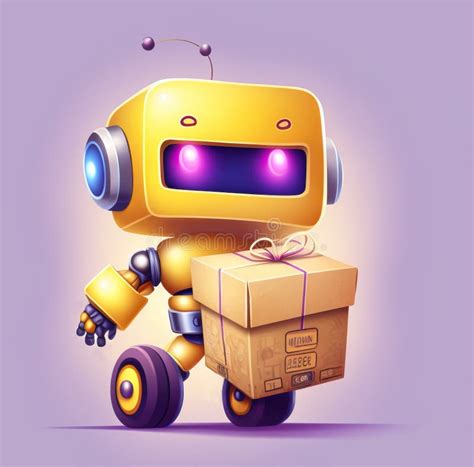 Yellow Delivery Bot On Wheels Delivering A Cardboard Box Over Light Blue Background Generative