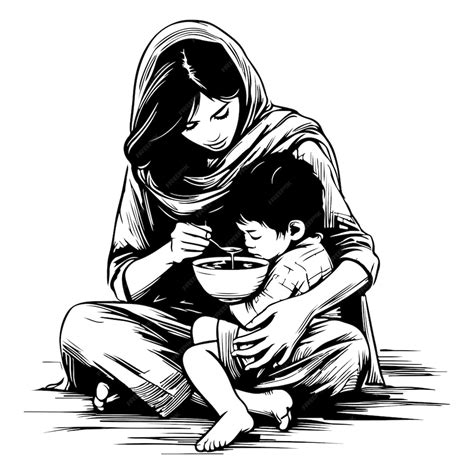 Una Madre Cuidando A Su Hijo Enfermo Con Un Plato De Sopa Vector