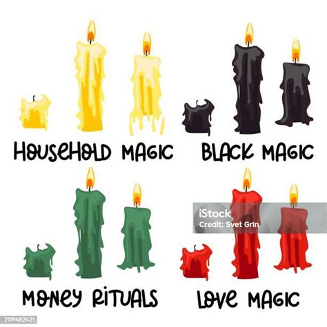 흰색 배경에 다양한 정도의 연소로 점을 치는 양초 세트와 무엇에 대한 비문이 있습니다 빨강 검정 노랑 촛불이 무리를 지어 있습니다 할로윈을 위한 장식 요소 촛불이 타오르고