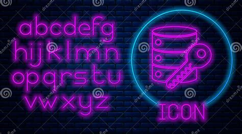 Glowing Neon Server Security With Key Icon Isolated On Brick Wall
