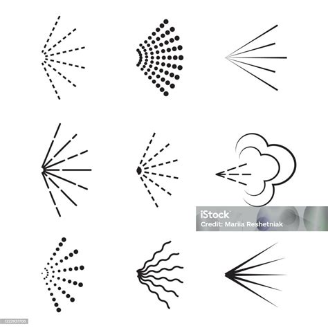 벡터 스프레이 아이콘입니다 고립 된 배경에 데오도란트 또는 에어로졸 스프레이 세트 병에서 방향족 스트림 머리에 대한 공기 분무기 로고 향수 향수 디퓨저의 선 광선 디퓨저
