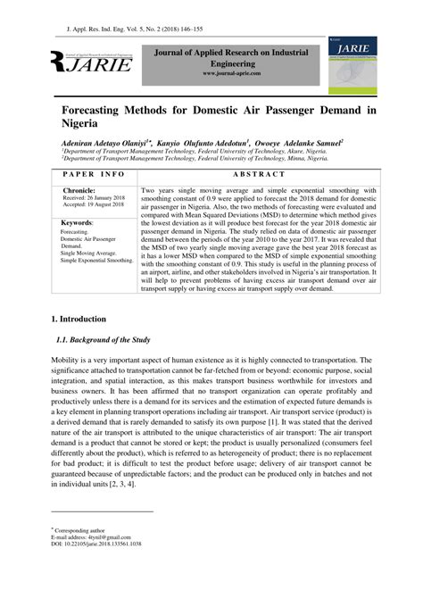 Pdf Forecasting Methods For Domestic Air Passenger Demand In Nigeria