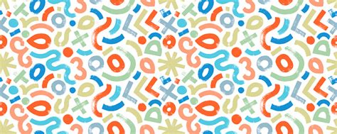 다양한 기본 기하학적 모양과 굵은 선이 있는 재미있고 다채롭고 이음매 없는 배너 디자인 손으로 그린 멤피스 유치한 기하학적 모양과 마른 브러시 질감 배경 주제에 대한 스톡