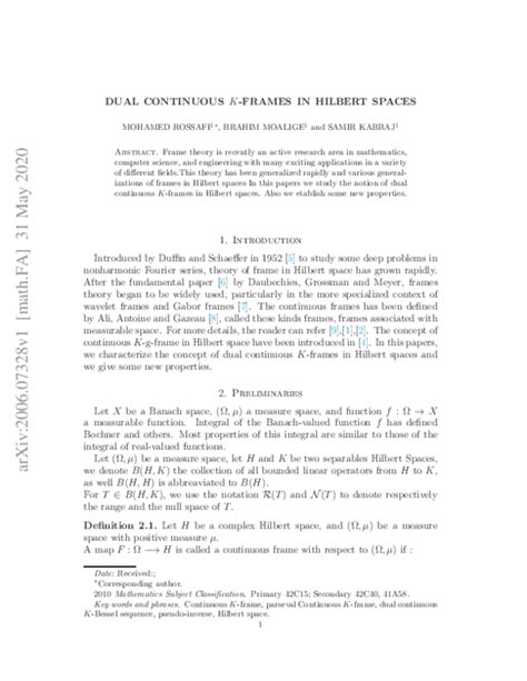 Pdf Dual Continuous K Frames In Hilbert Spaces