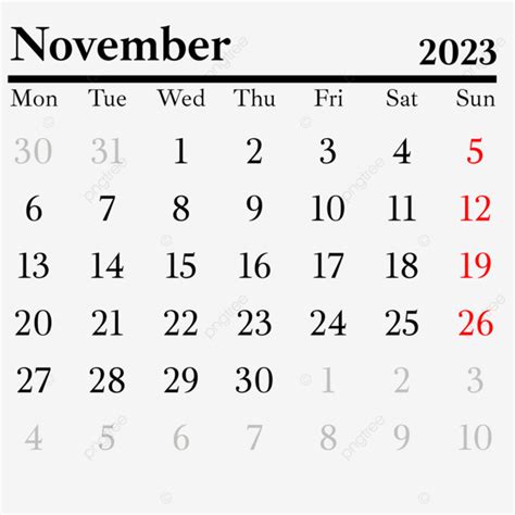 Черный простой календарь на ноябрь 2023 года Png календарь на ноябрь 2023 года календарь на