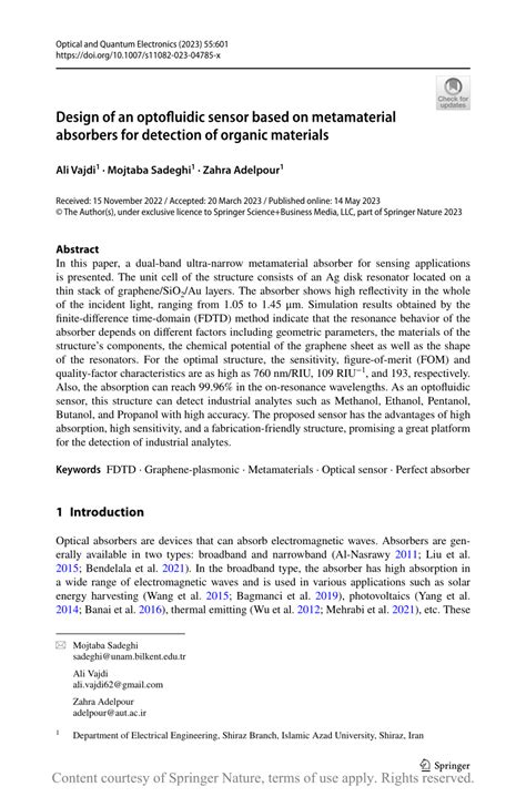 Design Of An Optofluidic Sensor Based On Metamaterial Absorbers For Detection Of Organic