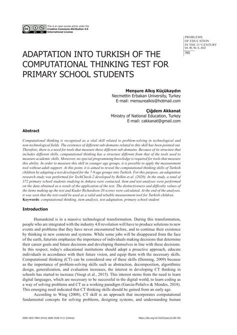 Pdf Adaptation Into Turkish Of The Computational Thinking Test For