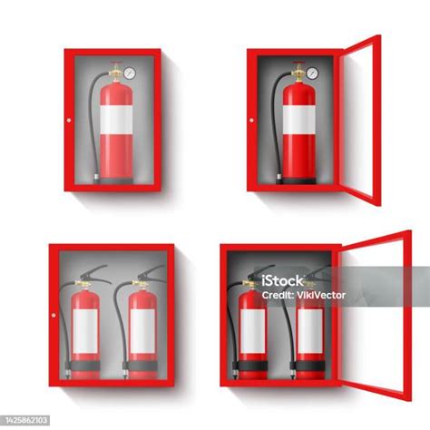 소화기 세트 현실적인 벡터 안전 소방관 캐비닛과 닫힌 열린 빨간 상자 소화기에 대한 스톡 벡터 아트 및 기타 이미지 소화기