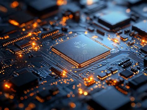 A Closeup View Of A Microchip On A Circuit Board Featuring Glowing Connections All Around Stock