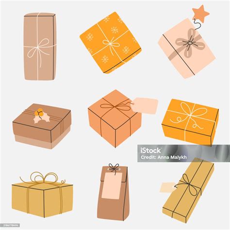 친환경 선물 패키지 세트 공예 종이와 빈 태그가 있는 상자 리본 리본으로 장식된 홀리데이 선물 컬렉션 크리스마스와 새해 개념입니다 손으로 그린 트렌디 한 스타일 벡터