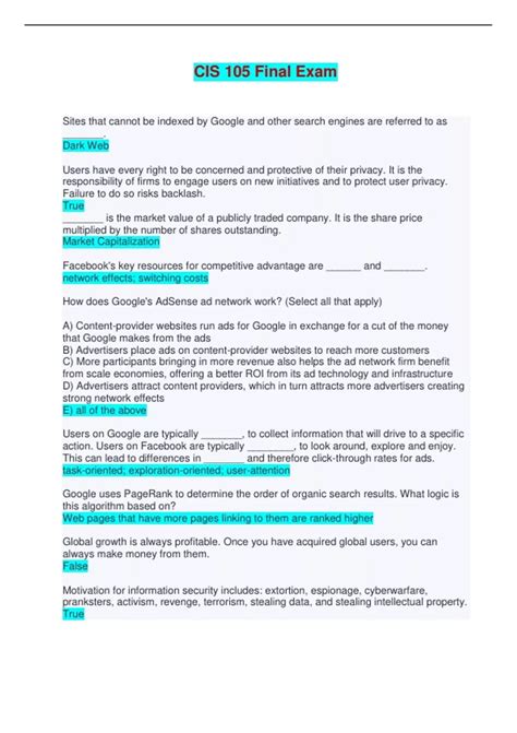 CIS 105 Final Exam Questions And Answers CIS 105 Stuvia UK