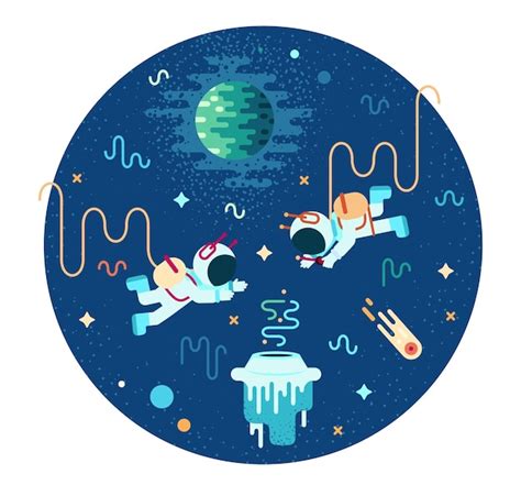 두 명의 우주 비행사가 평평한 스타일의 공간 벡터 만화 삽화를 탐색합니다 프리미엄 벡터