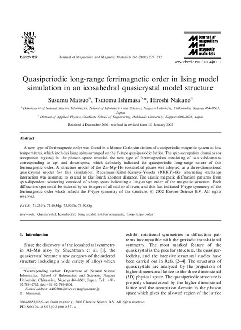 Pdf Quasiperiodic Long Range Ferrimagnetic Order In Ising Model Simulation In An Icosahedral