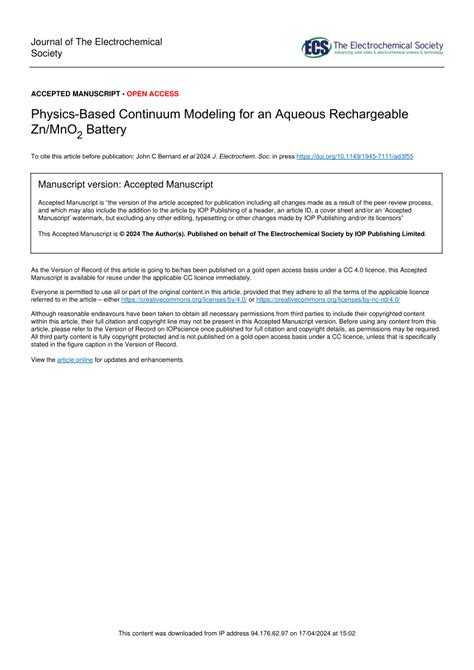 Pdf Physics Based Continuum Modeling For An Aqueous Rechargeable Zn Mno2 Battery