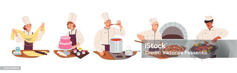 제복을 입은 전문 요리사와 제빵사가 피자 파스타 달콤한 페이스트리를 제공합니다 레스토랑 주방에서 미식가 요리를 준비하는 다양한 요리사의 평면 벡터 그림입니다 개체 그룹에