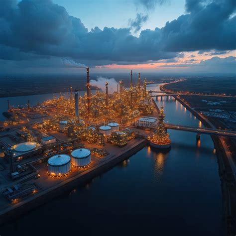 Night View Of An Illuminated Oil Refinery Stock Illustration