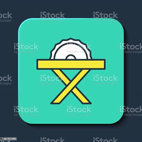 파란색 배경에 고립 된 강철 톱 디스크 아이콘이있는 채워진 윤곽선 전기 원형 톱 나무 또는 금속을 절단하기위한 전기 손 도구 청록색 스퀘어 버튼 벡터 Rotary