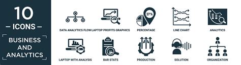 채워진 비즈니스 및 분석 아이콘 세트입니다 플랫 데이터 분석 흐름 노트북 수익 그래픽 백분율 꺾은선형 차트 분석 분석 기능이 있는 노트북 막대 통계 생산 솔루션 그래프에
