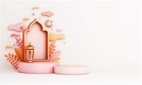 창문 랜턴 초승달 잎 구름 만화 스타일 라마단 카림 이프타르 이슬라 미라즈 이드 알 피터 아드하 무하람 복사 공간 텍스트 영역 3d 일러스트와 이슬람 장식 연단 0명에 대한