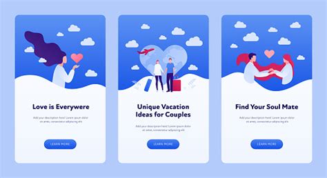 관계 및 사랑 배너 템플릿 벡터 플랫 피플 일러스트레이션 온라인 데이트 및 휴가 개념 세로 레이아웃 집합입니다 마음 가방 기호와 관광객의 부부 벡터에 대한 스톡 벡터 아트
