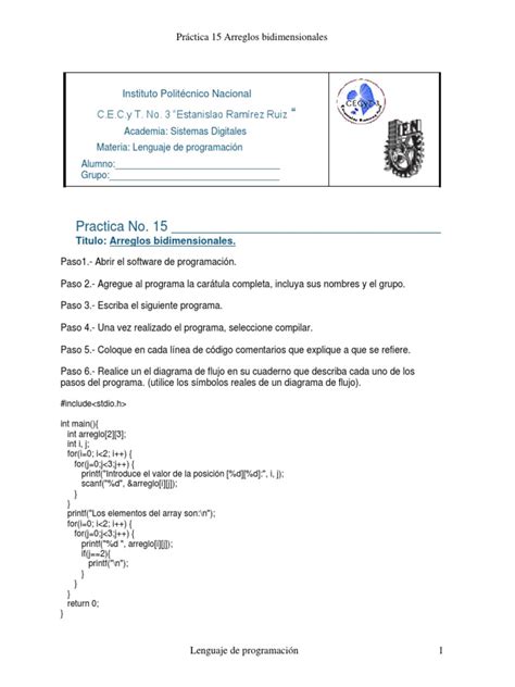 Practica 15 Arreglos Bidimensionales Pdf