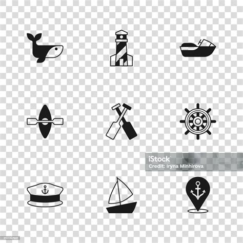 요트 범선 선박 스티어링 휠 앵커 위치 교차 노 패들 제트 스키 고래 등대 카약 및 아이콘을 설정합니다 벡터 바다에 대한 스톡 벡터 아트 및 기타 이미지 Istock