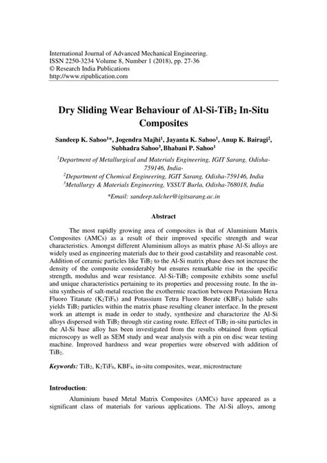 Pdf Dry Sliding Wear Behaviour Of Al Si Tib2 In Situ Composites