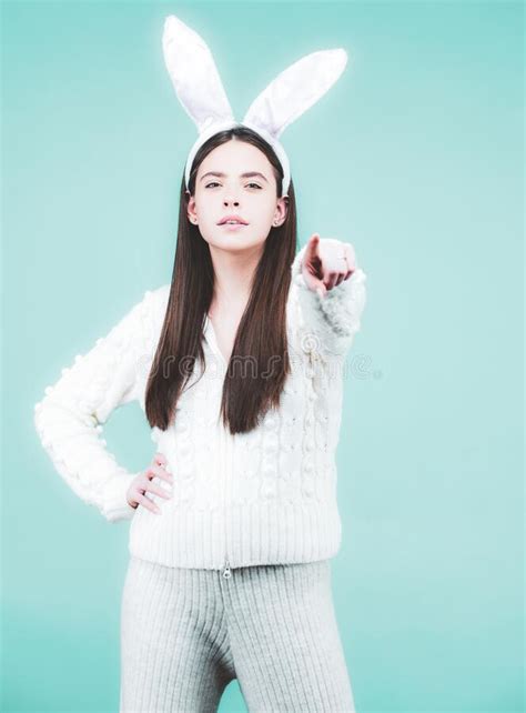 Model Dressed In Costume Easter Bunny Bunny Girl Celebrating Easter On Isolated Background