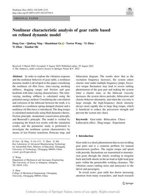 Nonlinear Characteristic Analysis Of Gear Rattle Based On Refined Dynamic Model Request Pdf