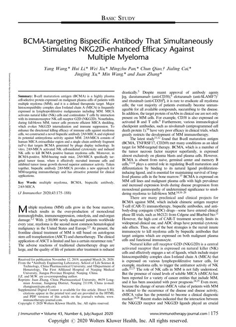 Pdf Bcma Targeting Bispecific Antibody That Simultaneously Stimulates Nkg2d Enhanced Efficacy
