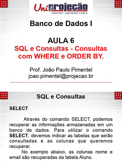 Aula 6 Sql E Consultas Com Order By20250402 0811 Pdf Sql Recuperação De Informação