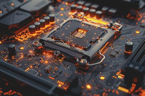 Computer Motherboard With Complex Circuits And Microchips Focused On Technology Premium Ai