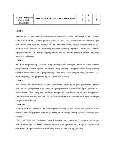 Advances In Cnc Technologies Syllabus Pdf Numerical Control