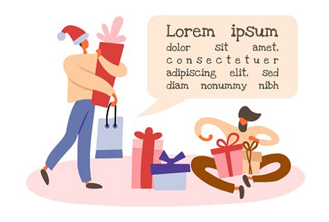 겨울 휴가를위한 선물을 준비하는 선물 상자와 게이 커플로 평면 만화 남자 Lgbt 또는 Lgbtq 낭만적 인 축하 개념에 대한 Lorem Ipsum 텍스트와 고립 된 벡터