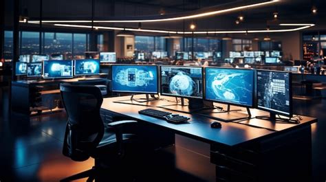 Premium Ai Image There Are Three Monitors On The Desk In The Dark Room Generative Ai