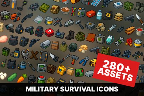Military Battle Survival Icons Weapons Gear And Supplies 2d Unity