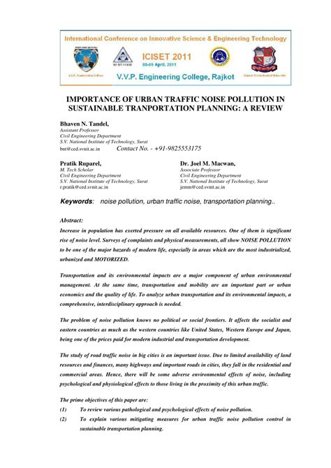 Pdf Importance Of Urban Traffic Noise Pollution In Sustainable